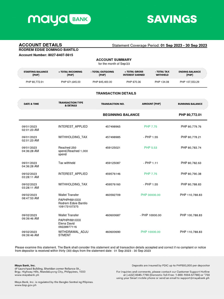 MayaSavings SoA 2023OCT | PDF | Deposit Account | Financial Services