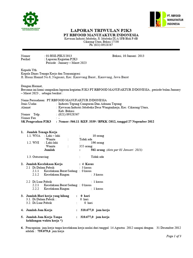 Laporan P2K3 PT RBFOOD Jan-Mar 2023 | PDF | Teknologi & Rekayasa