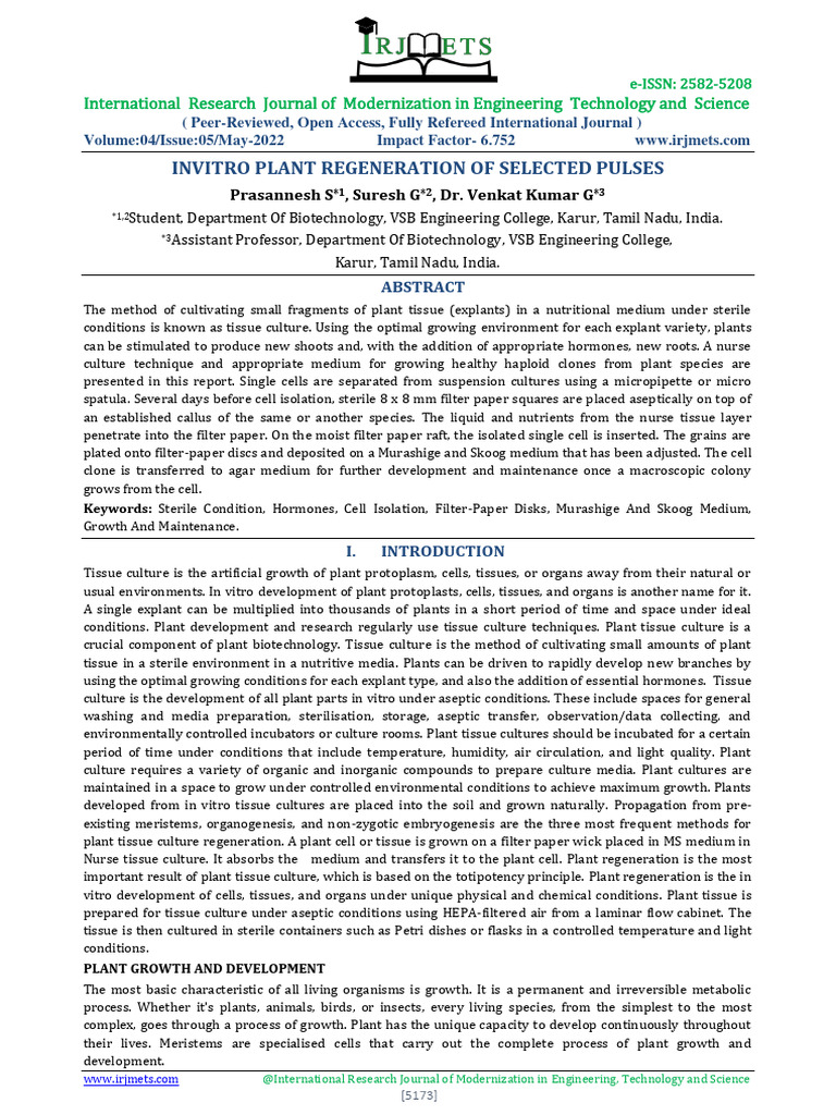 Invitro Plant Regeneration of Selected Pulses | PDF | Plant Hormone ...