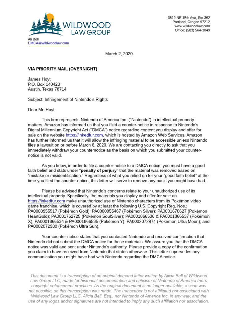 Nintendo DMCA Demand Letter Transcription | PDF | Digital Millennium ...