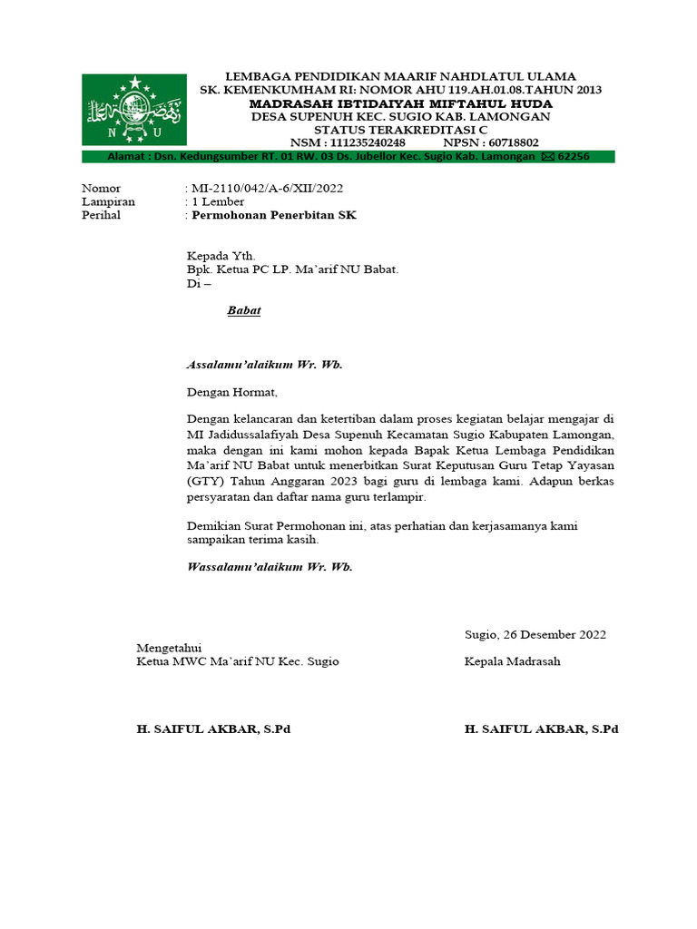 Contoh Permohonan SK | PDF