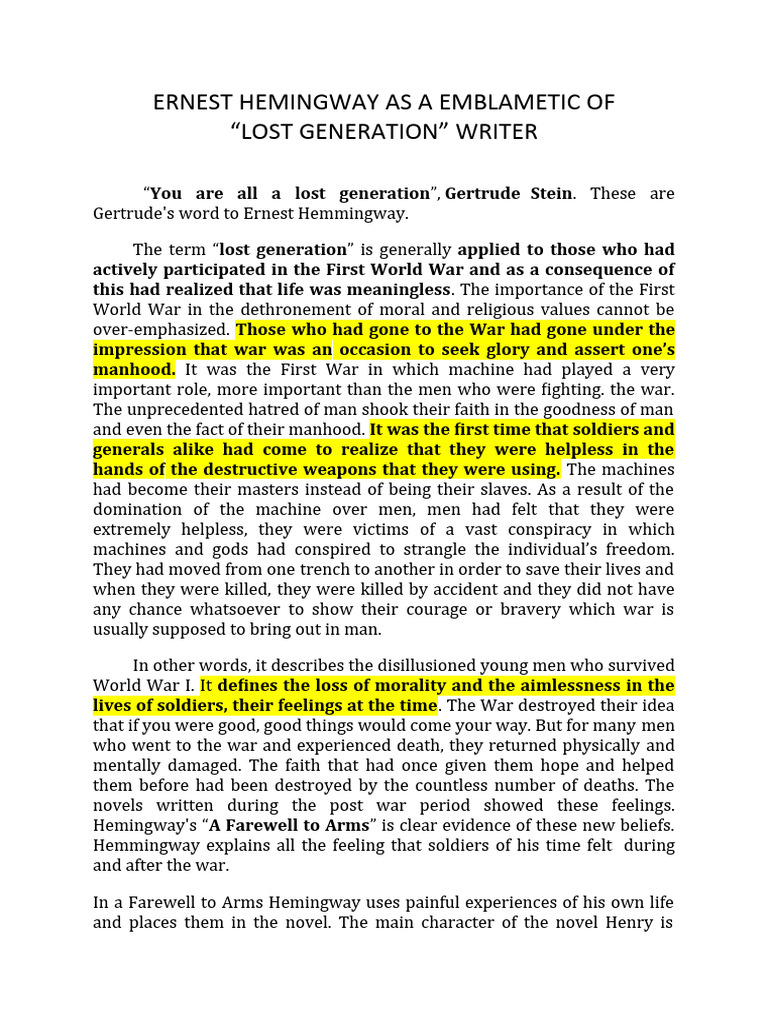 Ernest - Hemingway - As - A - Emblematic - of - Lost Generation | PDF | Ernest Hemingway | Feeling