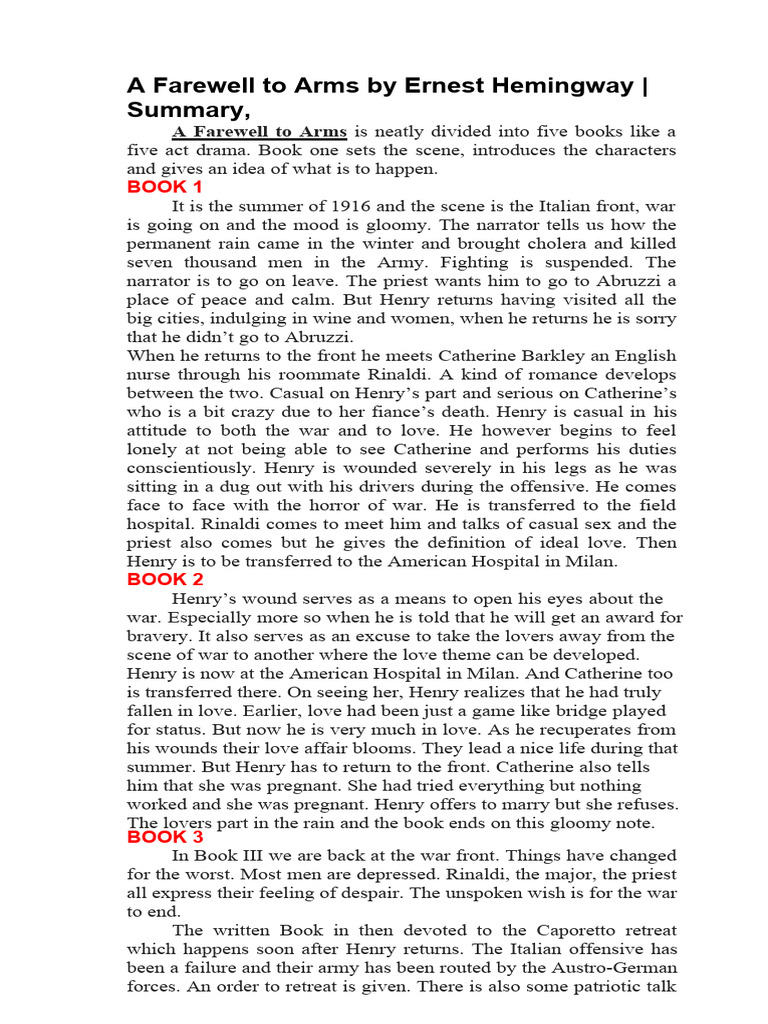 A Farewell To Arms by Ernest Hemingway Summary | PDF