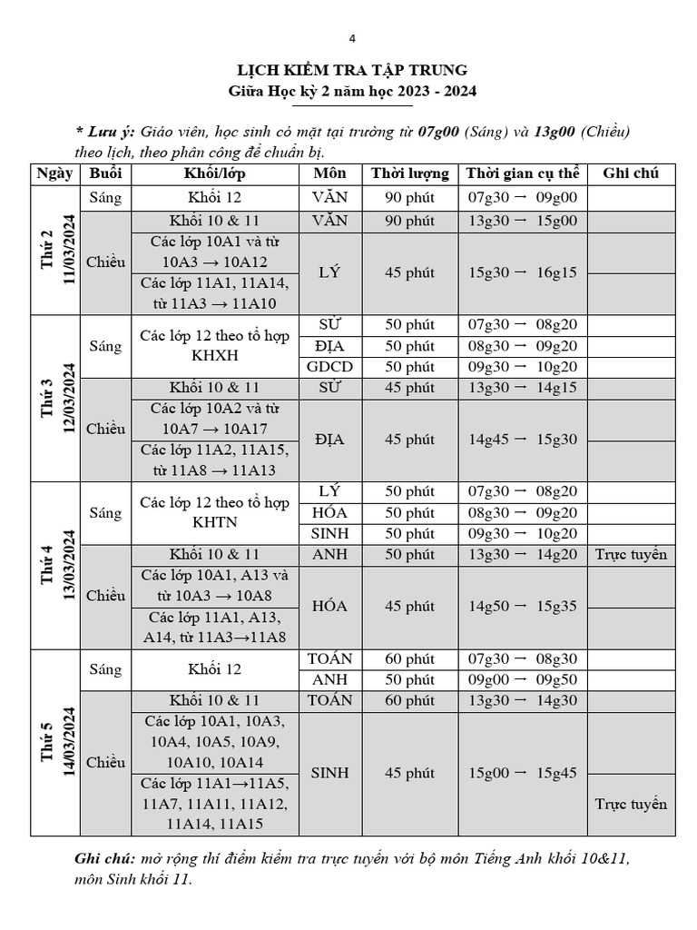 Lich Kiem Tra Giua HK2 - NH 2023-2024 - 3 | PDF