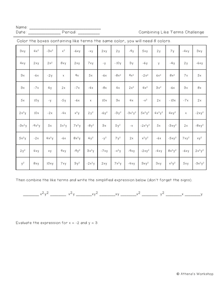 Combinging Like Terms Colour in Activity | PDF | Teaching Methods ...