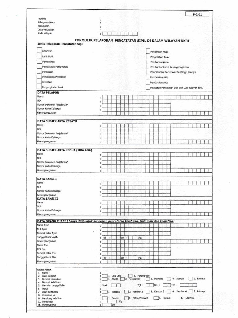 Formulir Akta Catatan Sipil f2-01 + Sptjm | PDF