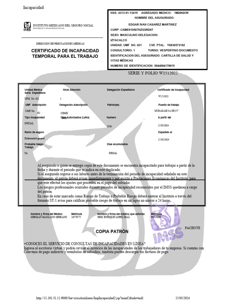 Incapacidad Imss | PDF