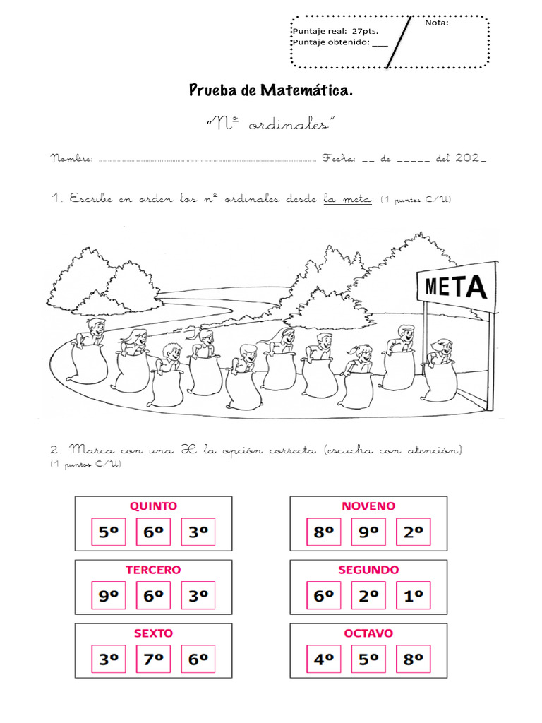Prueba de Números Ordinales 1° B | PDF