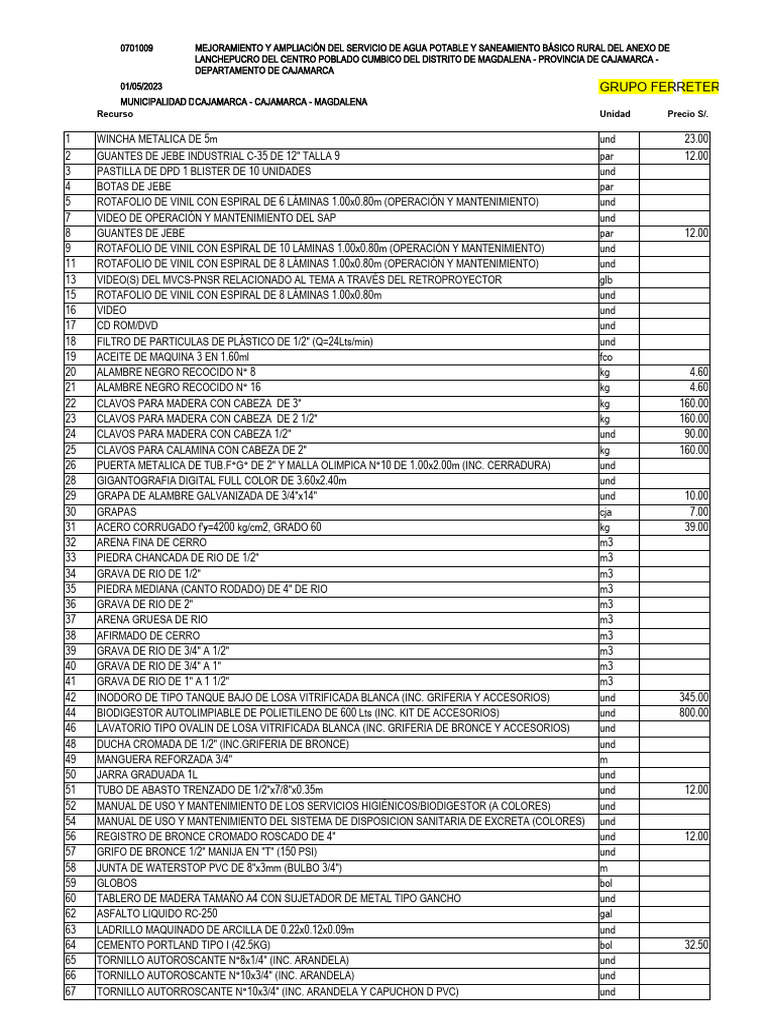 Insumos para Cotizar Lanchepucro | PDF | Materiales de construcción | Materiales