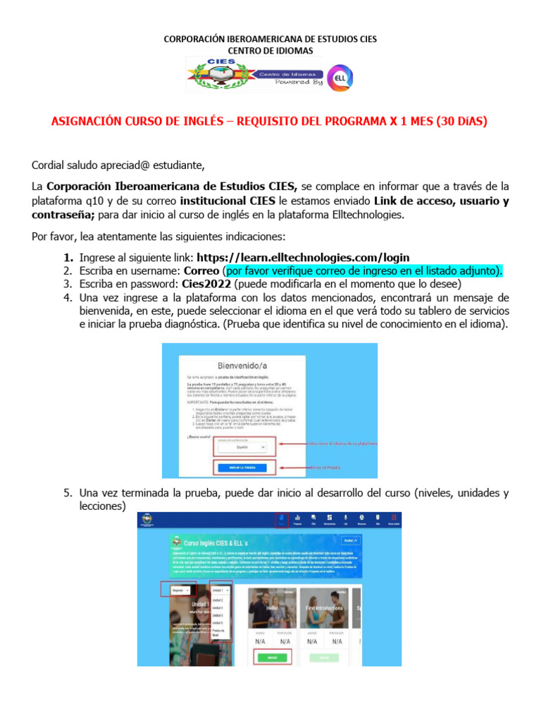 Asignación Curso de Inglés - Requisito Del Programa X 1 Mes (30 Días) | PDF