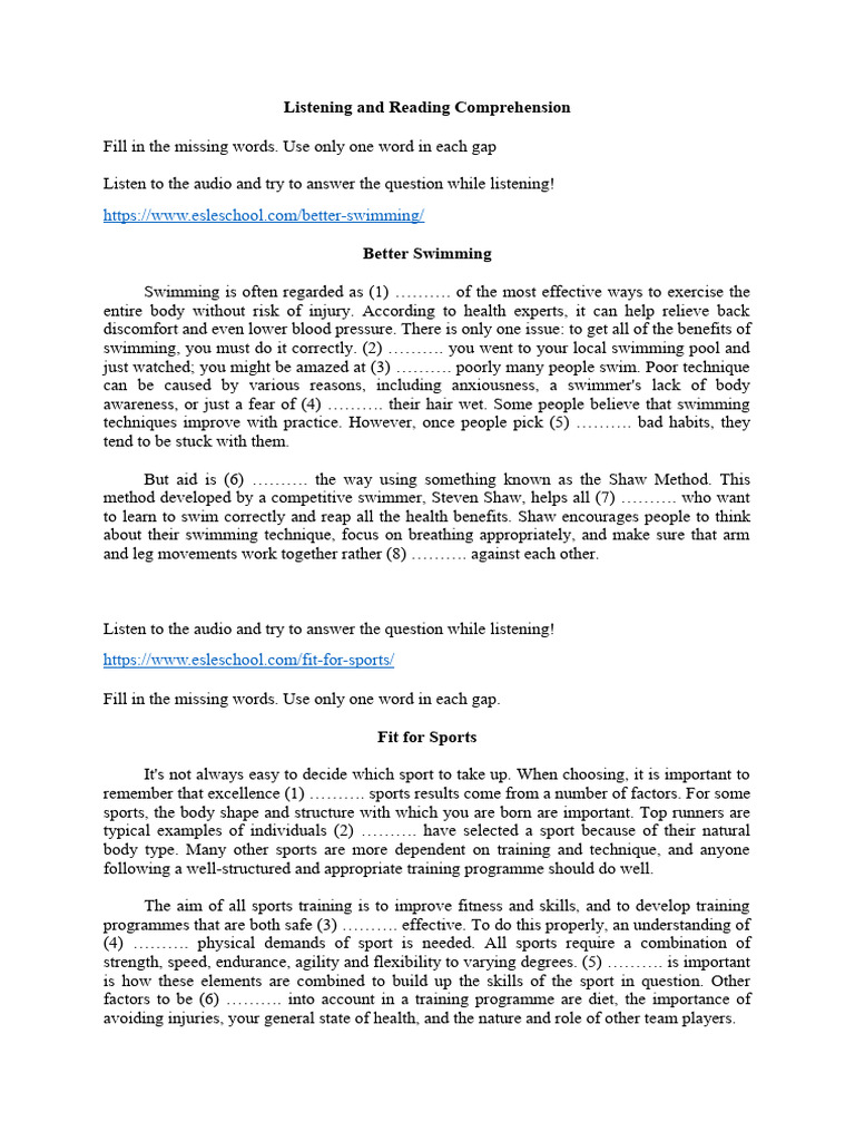 Listening and Reading Comprehension | PDF | Swimming | Sports