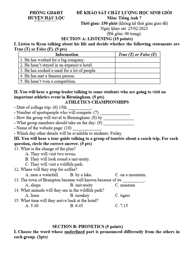 Đề HSG Tiếng Anh 7 | PDF | David Beckham | Traffic Congestion