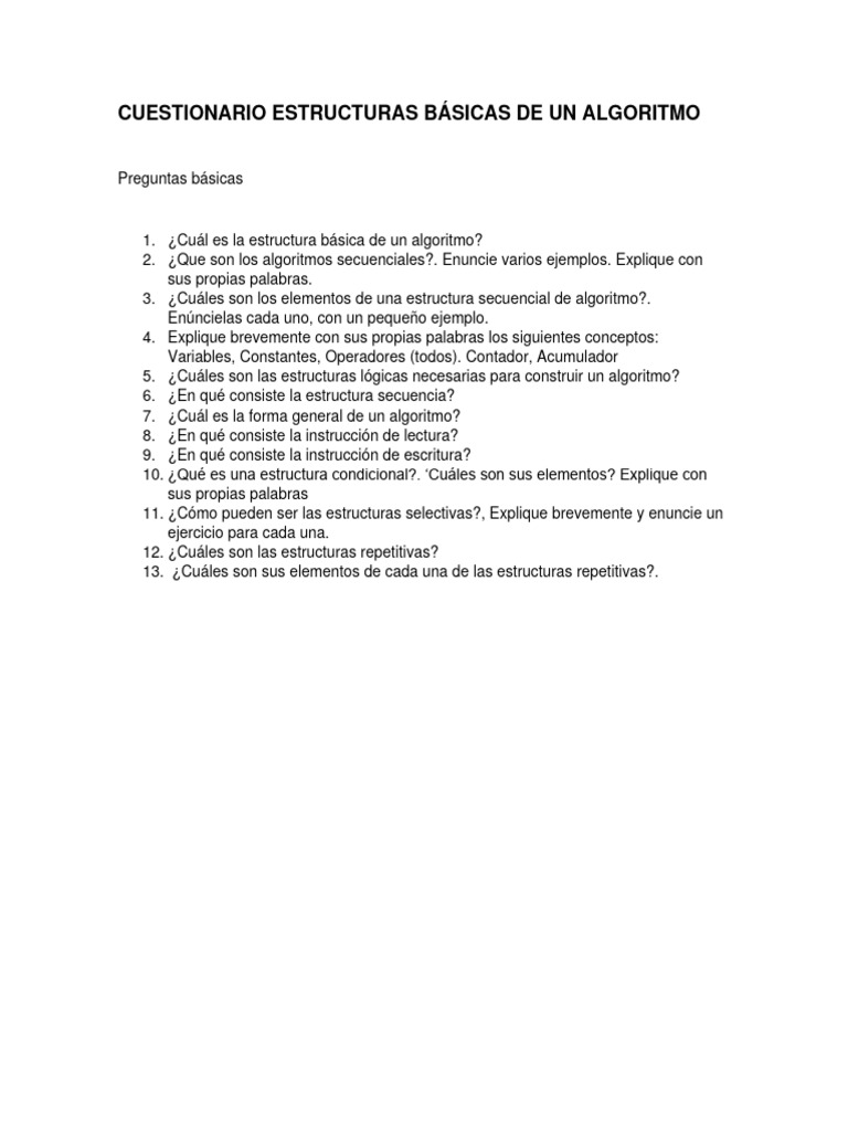 Cuestionario Estructuras Basicas Algoritmo | PDF | Computadoras