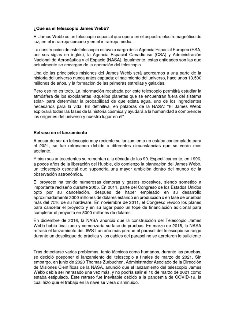 Telescopio James Webb: Historia y Comparativa | PDF | Astronomía ...