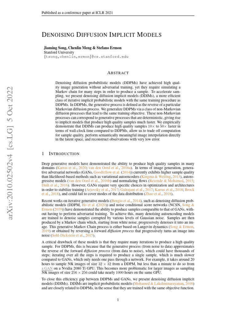 Denoising Diffusion Implicit Models | PDF | Stochastic Differential Equation | Markov Chain