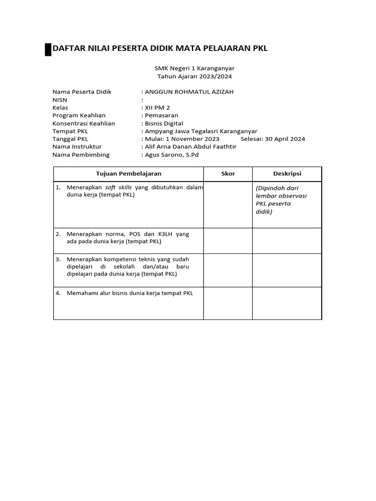 Contoh Nilai Raport PKL | PDF