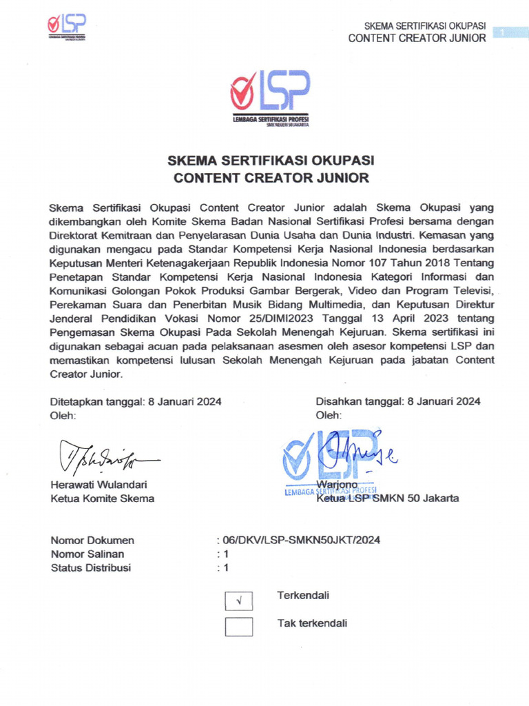SKKNI Skema Sertifikasi Okupasi Content Creator Junior LSP 50 | PDF