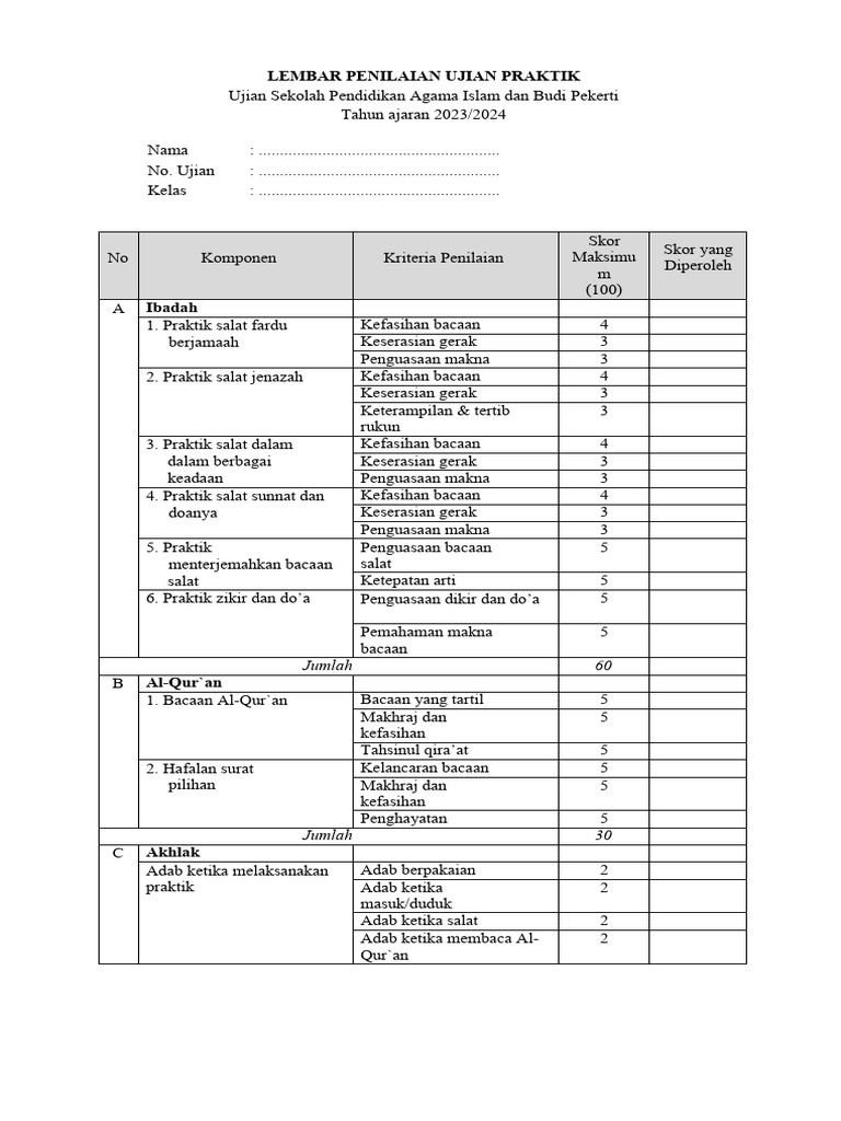 Lembar Penilaian Ujian Praktik Pai | PDF