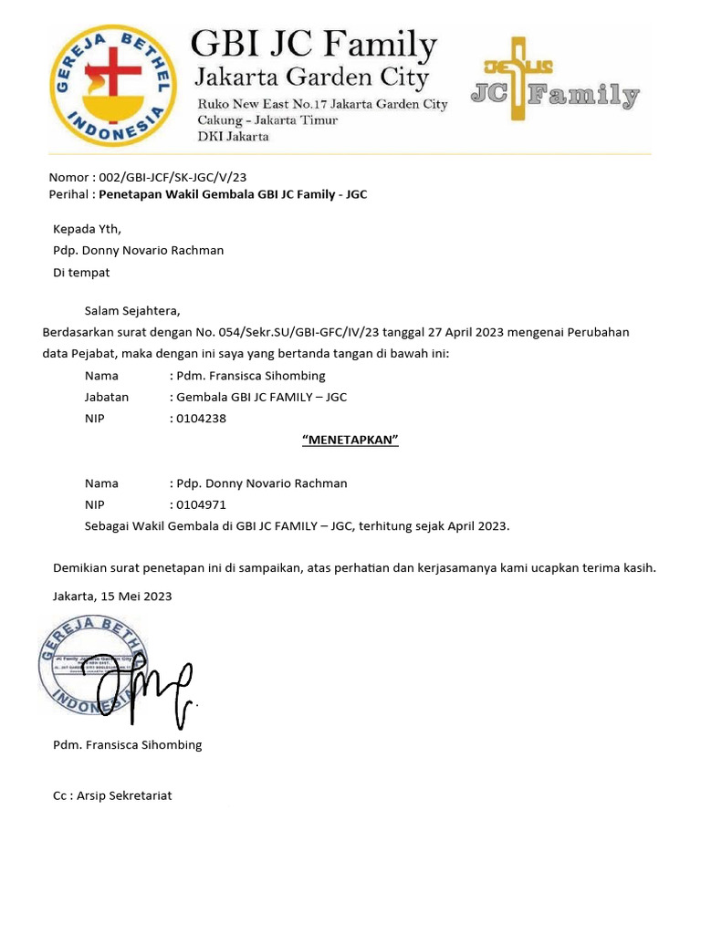 002-GBI-JCF-JGC-SK-IV-23 Surat Penetapan Wakil Gembala GBI JC Family | PDF