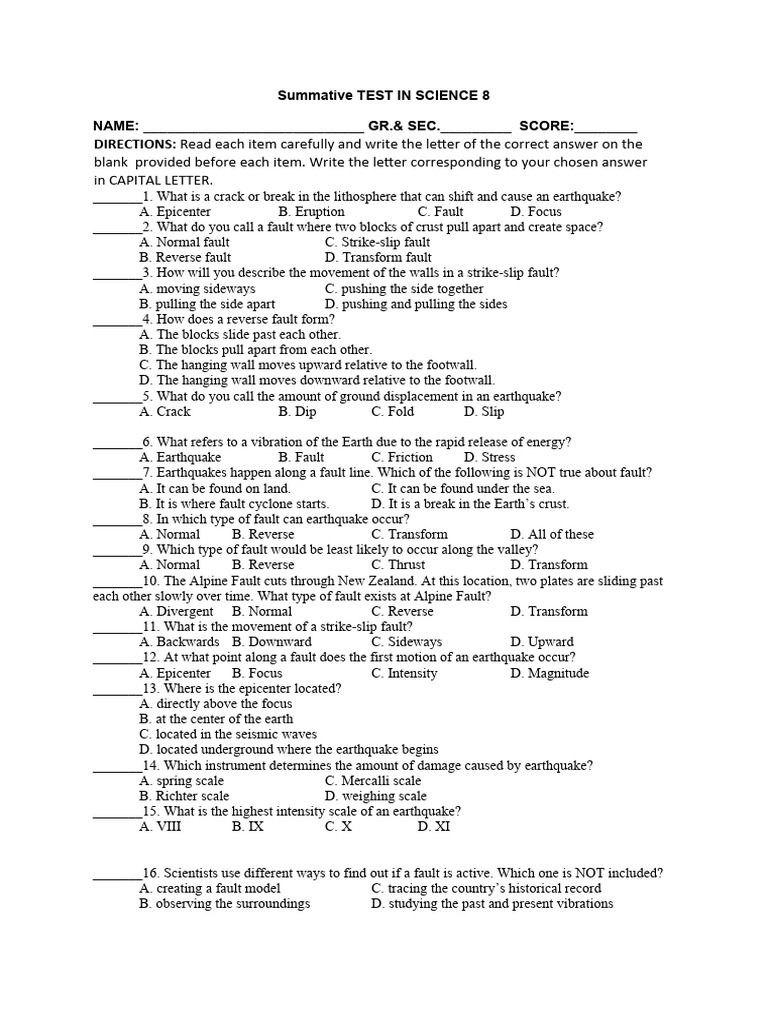 Summative g8 Science | PDF | Fault (Geology) | Earthquakes