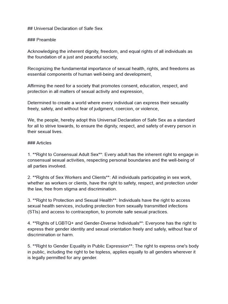 Universal Declaration Of Safe Sex Pdf Human Sexual Activity Human Sexuality
