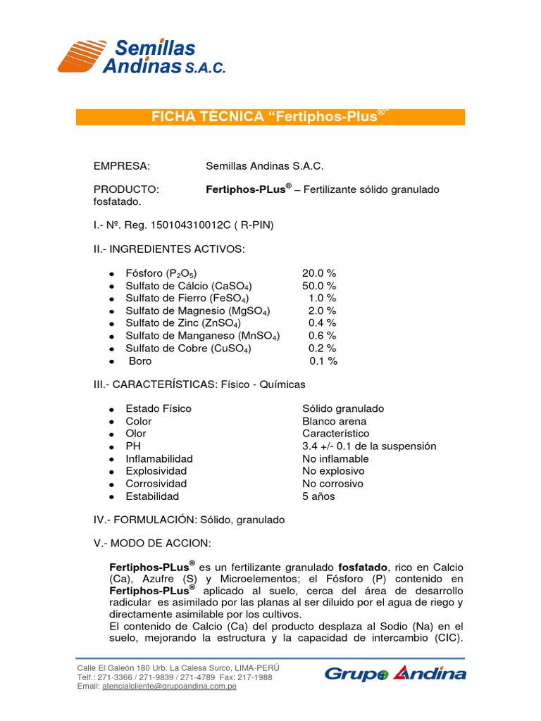 Fertiphos Plus - Ficha Tecnica | PDF | Fertilizante | Sustancias químicas