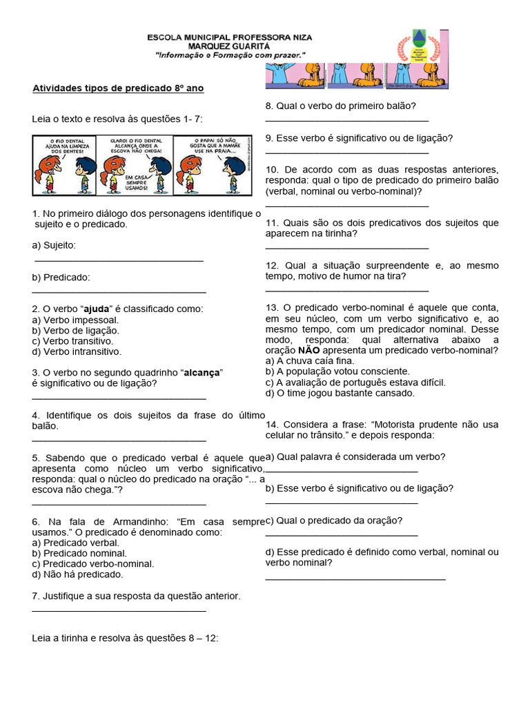 ATIVIDADE 8º Ano - Tipos de Predicado | PDF | Predicado (gramática) | Assunto (gramática)