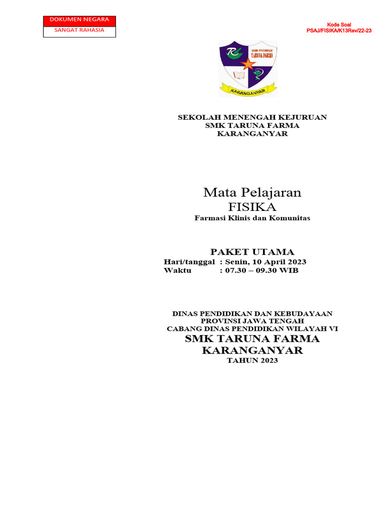 Fisika - Format Soal Psaj Utama SMK Taruna Farma 2022-2023 Kurikulum 2013 | PDF