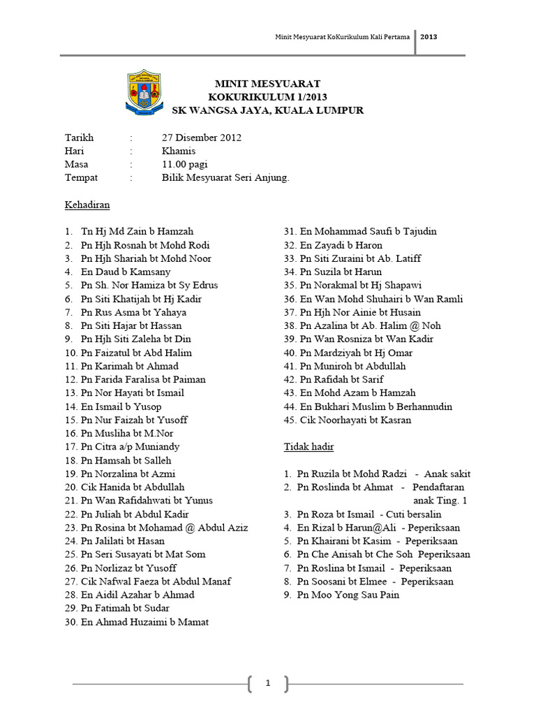 Contoh Format Minit Mesyuarat | PDF