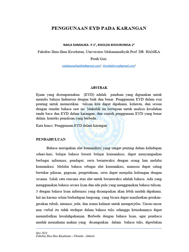 Tugas Bahasa Indonesia 1D Gizi Naila Kamalika Dan Kholda Khoirunisa Artikel Penggunaan EYD Pada ...