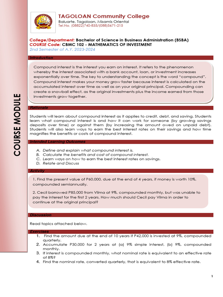 Mathematics of Investment: Compound Interest | PDF | Interest ...