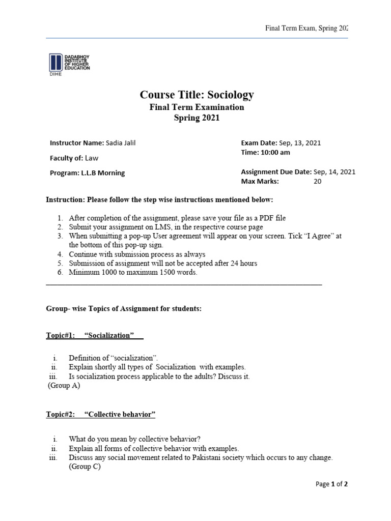 FINAL Exam Assignment SOC 2021 | PDF | Socialization | Social Psychology