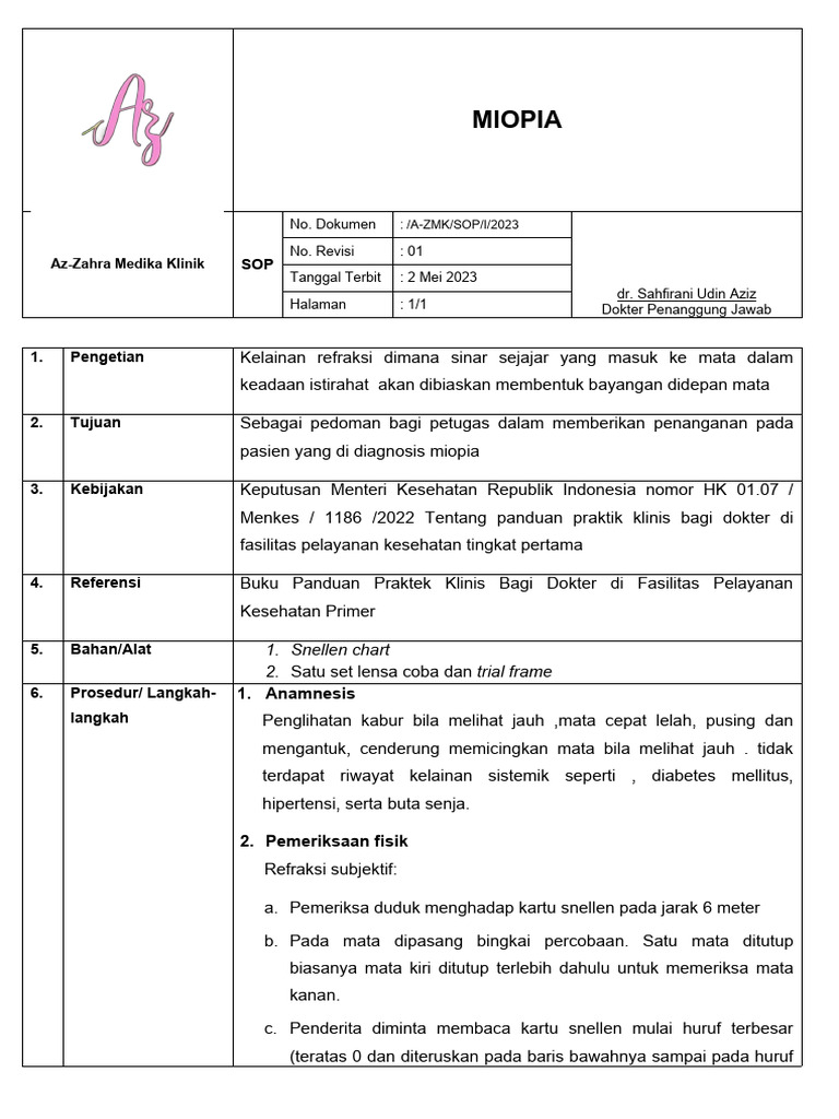 SOP Penanganan Miopia di Klinik | PDF | Kesehatan Holistik
