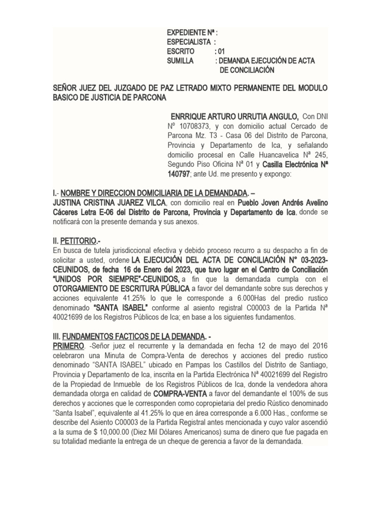 Demanda Ejecucion de Acta de Conciliacion Otorgamiento de Escritura ... Demanda Ejecucion de Acta de Conciliacion Otorgamiento de Escritura ...