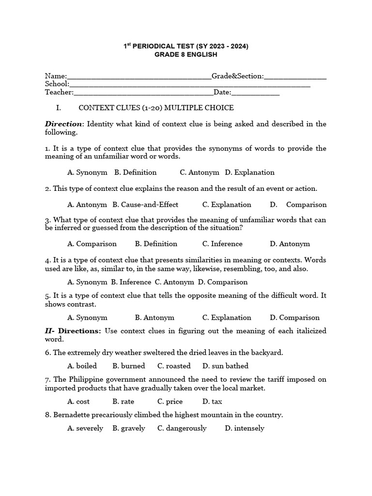 Grade 8 English Test 2023-2024 | PDF