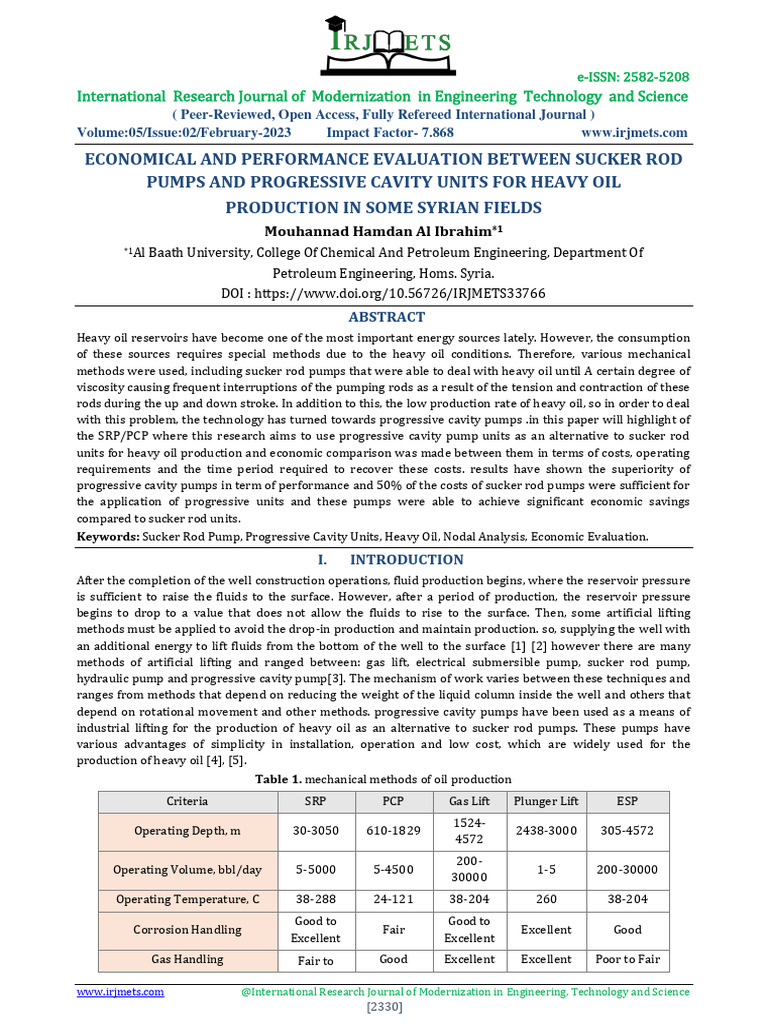 Economic Comparation Between SRP and PCP Pump at Syrian Field | PDF ...