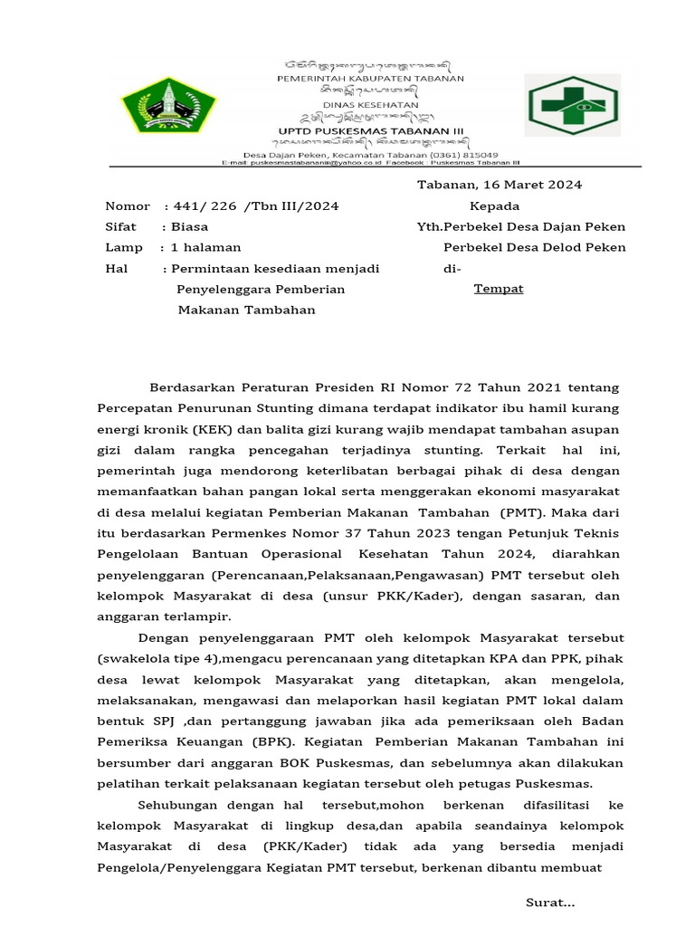 Surat Pemberitahuan Pelaksanaan PMT 2024 | PDF