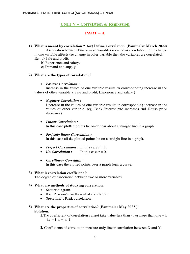 UNIT V Correlation and Regression Important Questions and QB | PDF ...