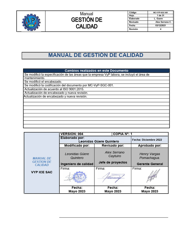 1.1 MC_VYP_SGC_001__MANUAL DEL SISTEMA DE GESTION DE CALIDAD | PDF | Calidad (comercial ...