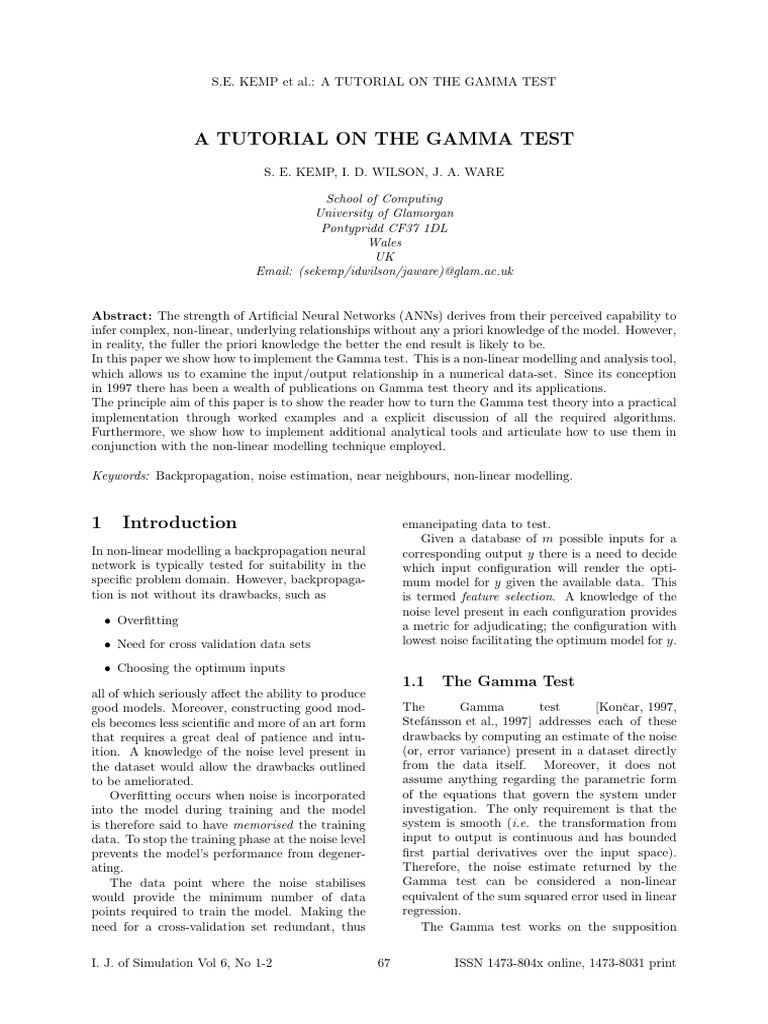 A Tutorial On The Gamma Test Pdf Estimator Cross Validation
