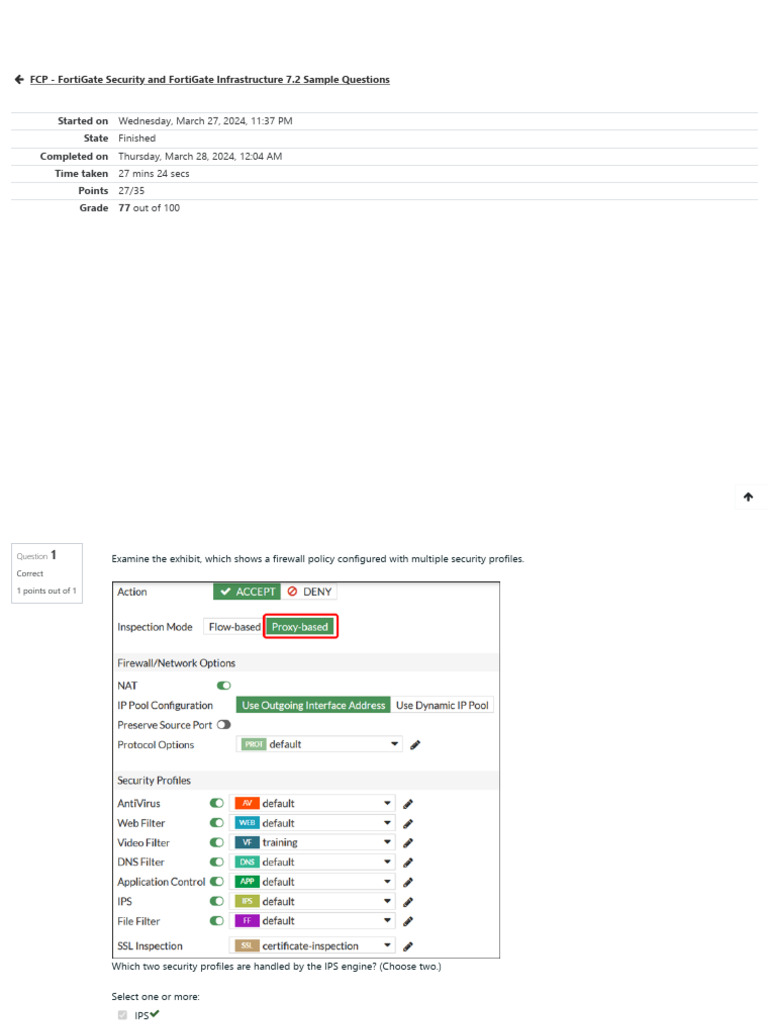 FortiGate Security and FortiGate Infrastructure 7.2 Sample Questions_ Attempt review | PDF ...