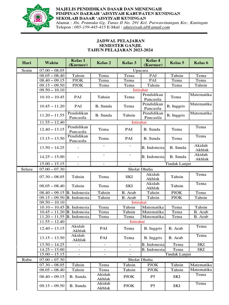 Jadwal Pelajaran 2023-2024 (Ganjil) | PDF
