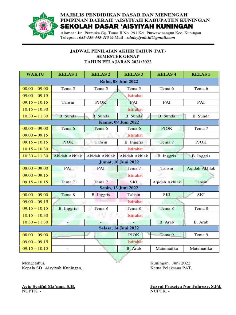 Jadwal Pelajaran PAT 2021-2022-1 | PDF