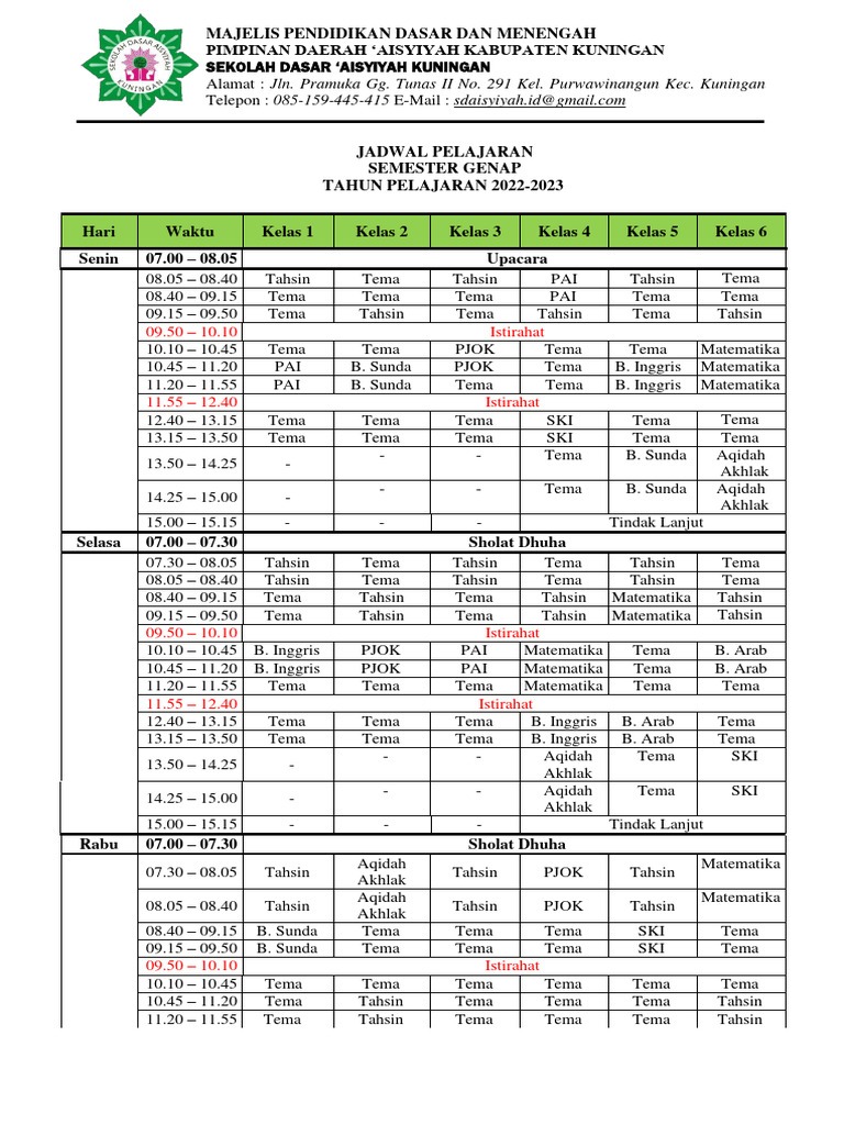 Jadwal Pelajaran 2022-2023 (Genap) | PDF