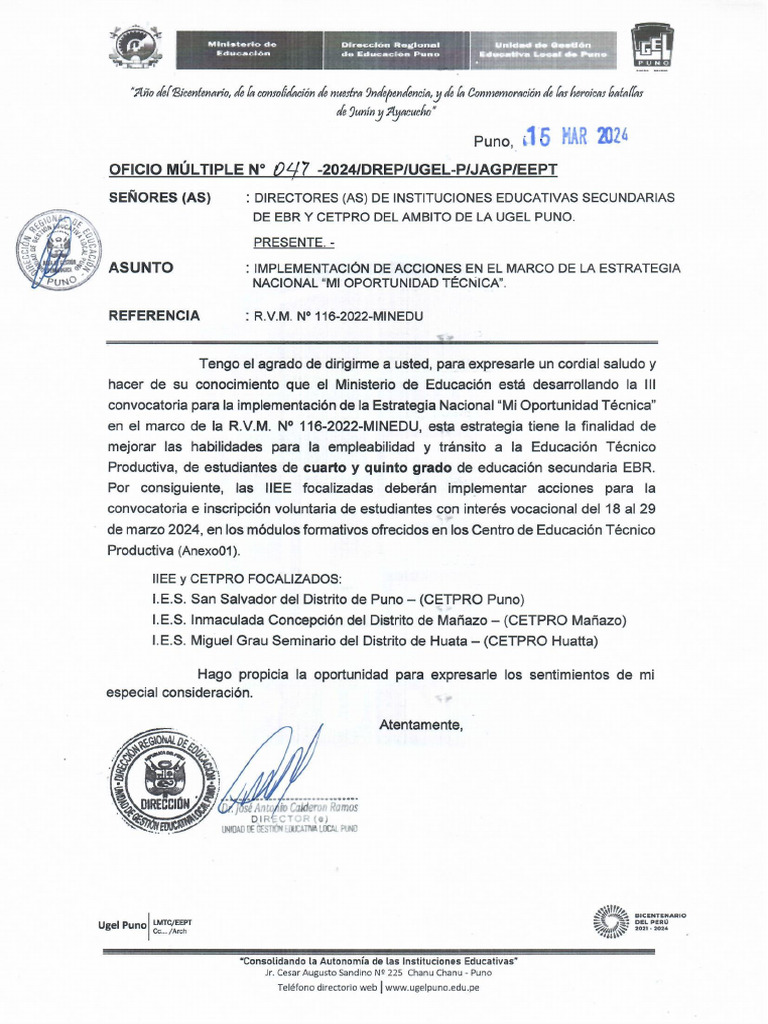 OFICIO MULTIPLE No047 - Implementacion de La Estrategia - Mi Oportunidad Tecnica | PDF