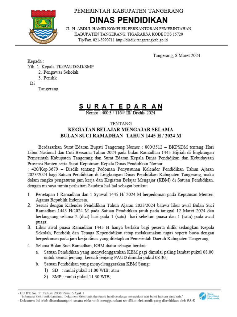 1164 Disdik Draft Surat Edaran KBM Bulan Puasa-Revisi | PDF