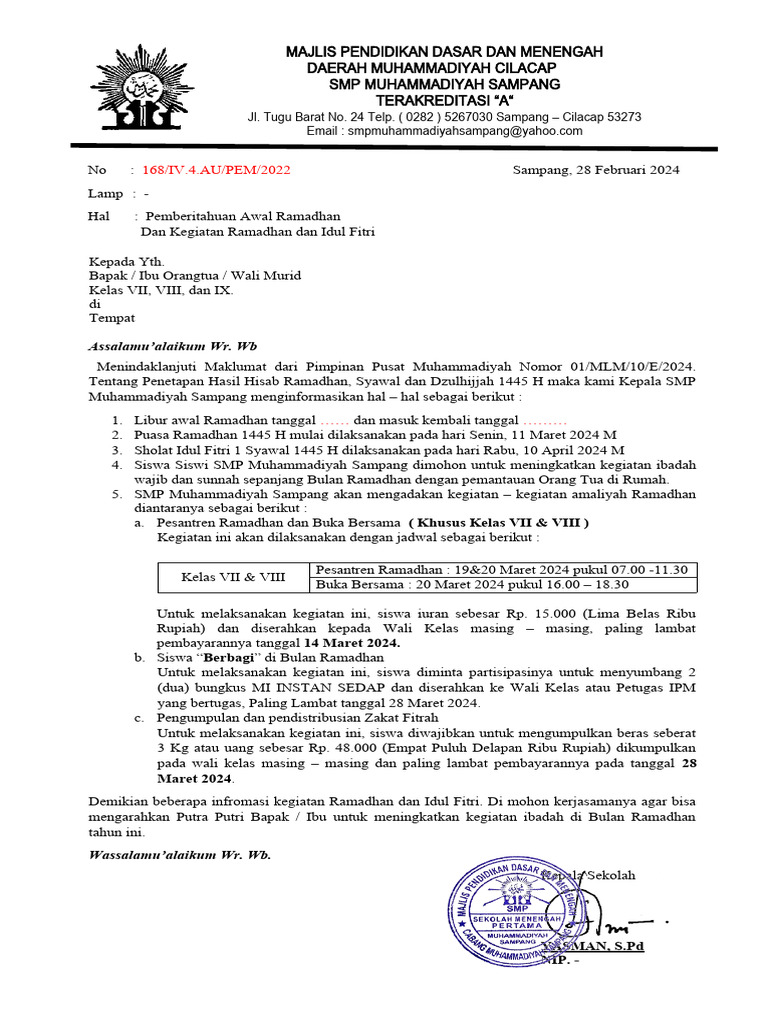 Surat Pemberitahuan Bulan Ramadhan 1445H | PDF