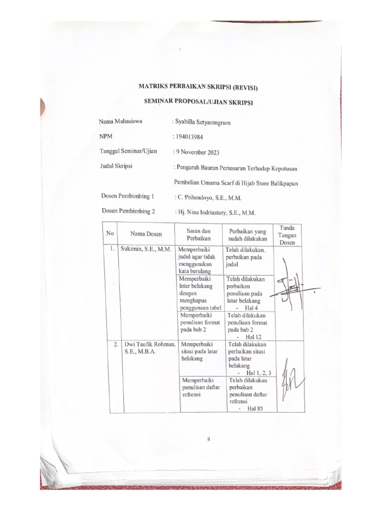 Matriks Perbaikan Skripsi (Revisi) | PDF