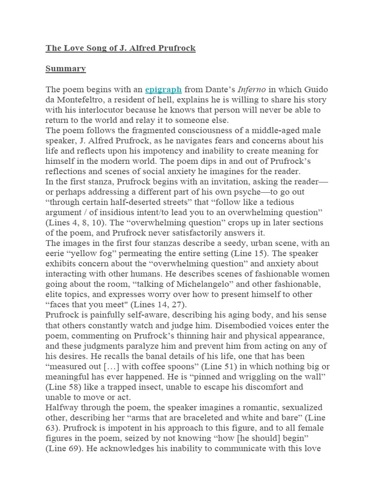 Love Song of J. Alfred Prufrock - Summary | PDF