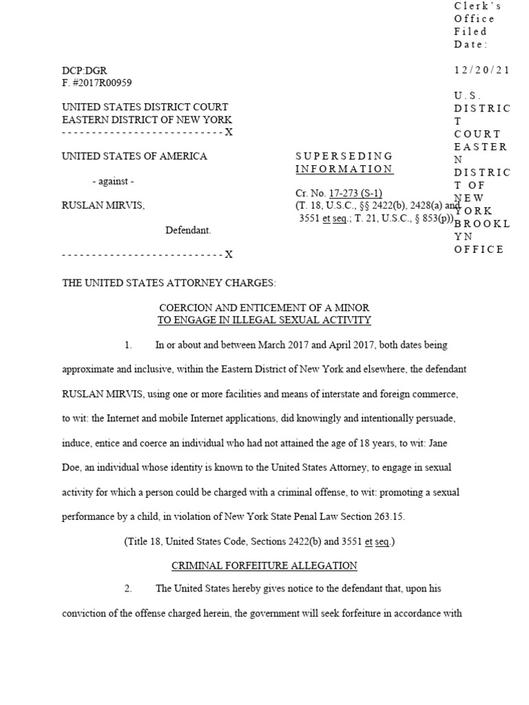 Ruslan Mirvis Superceding Information | PDF | Title 18 Of The United ...